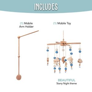 BlueMello Starry Night Baby Mobile Toy and Mobile Arm Holder 2 in 1 Set for Crib | Wooden Beads and Stars Bed Hanger for Boys and Girls | Hanging Nursery Decor for Bassinet | Perfect Baby Shower Gift