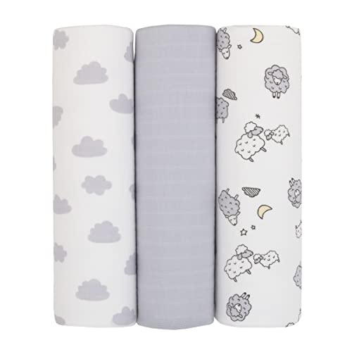 Carter's Sleepy Sheep White and Gray Cloud Lamb 100% Cotton 44' x 44" 3 Pack Muslin Swaddle Blanket