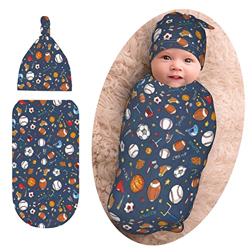 Sports Football Baseball Basketball Soccer Baby Stuff Swaddle Blanket Hat Set,Soft and Stretchy Infant Receiving Blanket for Newborn, Swaddle Sack Wrap for Boy/Girl