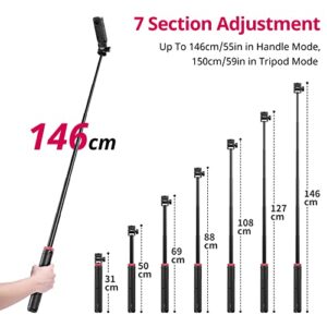 59in Selfie Tripod for Camera Gopro - ULANZI MT-71 Invisible Long Extendable Selfie Vlog Handle Portable Lightweight Tripod Stand 7 Sections for Gopro Hero 11 10 9 8 7 Black/insta360 One DJI Action