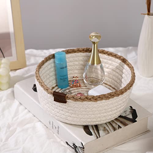 Small Cotton Rope Woven Storage Basket,Decorative Round Cotton Rope Baskets,Desk Basket Containers for Toys, Towels, Nursery, Kids Room, Bedroom,Set of 2, Beige