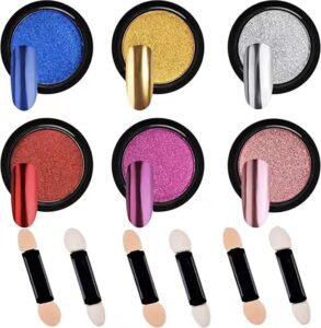 uiiopjiom chrome nail powder 6 colors holographic nail powder gold sliver red blue metallic mirror effect pigment nail glitter powder with 6 pieces eyeshadow sticks for diy home salon nail art decor.