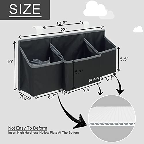 surebaby Hanging Baby Diaper Caddy, 3-in-1 Diaper Caddy Organizer Holder For Baby Crib, Nursery Organization Diaper Stacker Storage For Crib, Changing Table, Car, Wall-Black