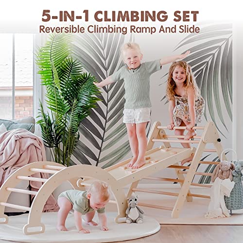 Tiny Land 5 in 1 Pikler Triangle Set, Baby Climbing Toys Indoor Playground, Foldable Toddler Climbing Toys, Wooden Montessori Climbing Set for 2-6 Years, Jungle Gym for Kids