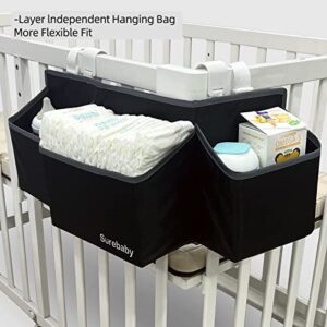 surebaby Hanging Baby Diaper Caddy, 3-in-1 Diaper Caddy Organizer Holder For Baby Crib, Nursery Organization Diaper Stacker Storage For Crib, Changing Table, Car, Wall-Black