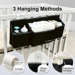 surebaby Hanging Baby Diaper Caddy, 3-in-1 Diaper Caddy Organizer Holder For Baby Crib, Nursery Organization Diaper Stacker Storage For Crib, Changing Table, Car, Wall-Black