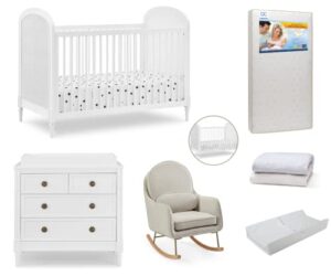 delta children madeline crib 8-piece baby nursery furniture set–includes: convertible crib, glider, dresser, changing top, crib mattress, sheets, toddler guardrail & changing pad, bianca white