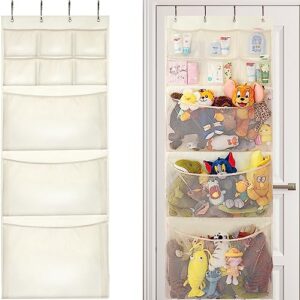 victorich stuffed animal storage, over door organizer storage for stuffed animals holder, stuffed animal net hammock with 4 pockets, hanging door organizer for nursery, bathroom, kids bedroom, beige