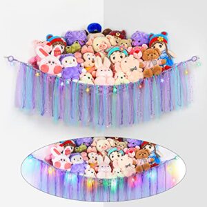 stuffed animal net or hammock with led light, toy hammock hanging stuffed animal storage organizer holder room décor with tassels for nursery play room kids bedroom (purple)