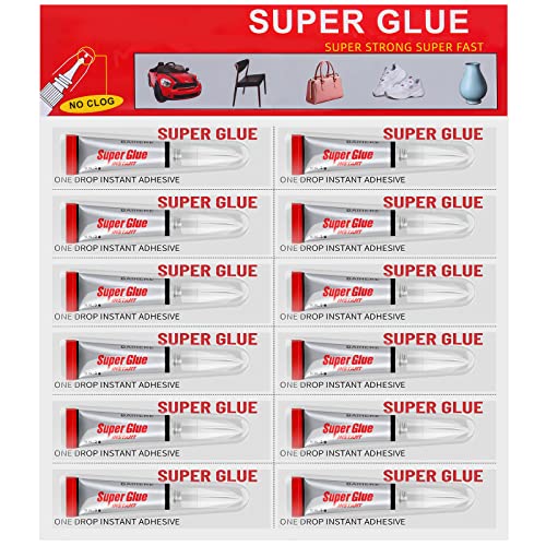 12 Pack Super Glue Clear, Strong Adhesive Superglue Gel Fast Drying Instant Cyanoacrylate (CA) Glue for Plastic, Wood, Metal Stone, Jewelry Beads Making, Phone Ceramic Crafts Repair (3 Gram/Tube)