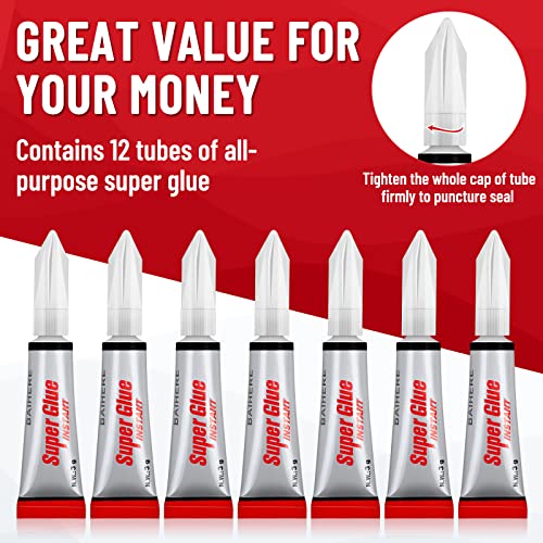 12 Pack Super Glue Clear, Strong Adhesive Superglue Gel Fast Drying Instant Cyanoacrylate (CA) Glue for Plastic, Wood, Metal Stone, Jewelry Beads Making, Phone Ceramic Crafts Repair (3 Gram/Tube)