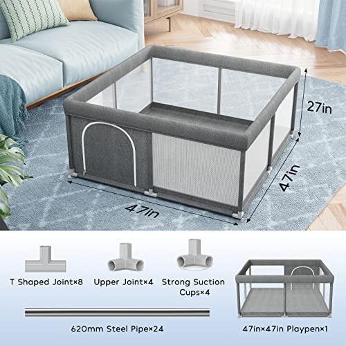 UANLAUO Baby Playpen, Safety Play Pens for Babies and Toddlers, Baby Play Yards with Breathable Mesh, Easy to Assamable Baby Fence, Sturdy Playyard Play Area for Apartment, 47x47x27 Inch Grey