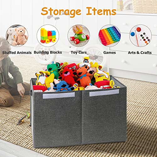 hibobi Large Toy Box with Double Flip-Top Lid, Collapsible Sturdy Toy Chest Storage Bins with Handles, Toy Storage Organizer for Kids Boys Girls Nursery,Playroom,Bedroom, 24.5"x13"x16", Gray