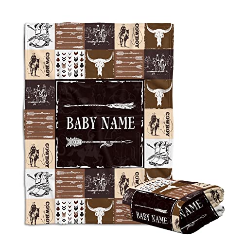 Baby Western Blankets, Cowboy, Personalized Baby Blankets for Boys, Brown Western Blanket for Baby Boy, Custom Name Fleece Blankets for Infant Newborn Son Daughter