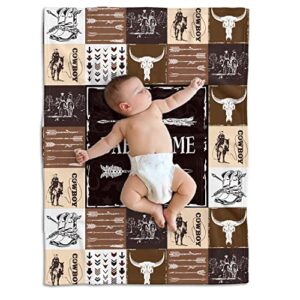 Baby Western Blankets, Cowboy, Personalized Baby Blankets for Boys, Brown Western Blanket for Baby Boy, Custom Name Fleece Blankets for Infant Newborn Son Daughter