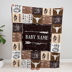 Baby Western Blankets, Cowboy, Personalized Baby Blankets for Boys, Brown Western Blanket for Baby Boy, Custom Name Fleece Blankets for Infant Newborn Son Daughter