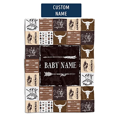 Baby Western Blankets, Cowboy, Personalized Baby Blankets for Boys, Brown Western Blanket for Baby Boy, Custom Name Fleece Blankets for Infant Newborn Son Daughter