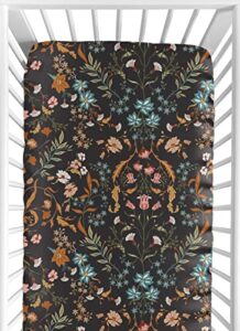 sweet jojo designs boho wildflower vintage floral girl fitted crib sheet baby toddler bed nursery black rust orange teal daisy leaves botanical paisley leaf flower bohemian farmhouse turquoise blue