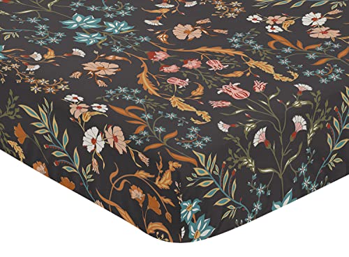 Sweet Jojo Designs Boho Wildflower Vintage Floral Girl Fitted Crib Sheet Baby Toddler Bed Nursery Black Rust Orange Teal Daisy Leaves Botanical Paisley Leaf Flower Bohemian Farmhouse Turquoise Blue