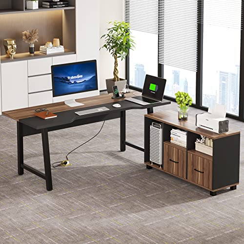 Tribesigns 70.9 x 30.9 Inch Extra Large Office Executive Desk with Power Outlet and File Cabinet, L-Shaped Computer Desk Home Office Workstation Business Furniture Set with Printer Stand