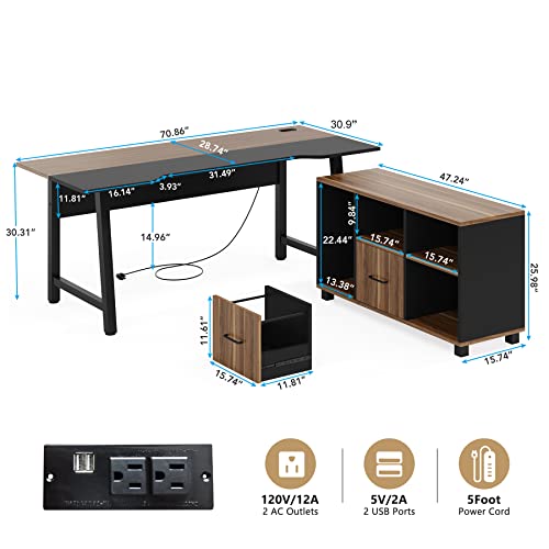 Tribesigns 70.9 x 30.9 Inch Extra Large Office Executive Desk with Power Outlet and File Cabinet, L-Shaped Computer Desk Home Office Workstation Business Furniture Set with Printer Stand