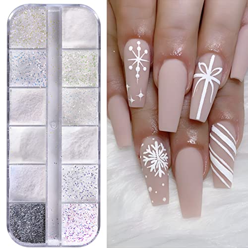 White Sugar Nail Glitter Powder for Christmas Snowflake Nails Design, Sandy Pigment Shiny 3D Candy Nail Art Sequins Winter Manicure Decorations Accessories.