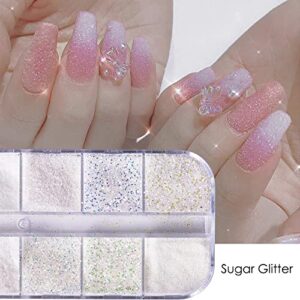 White Sugar Nail Glitter Powder for Christmas Snowflake Nails Design, Sandy Pigment Shiny 3D Candy Nail Art Sequins Winter Manicure Decorations Accessories.