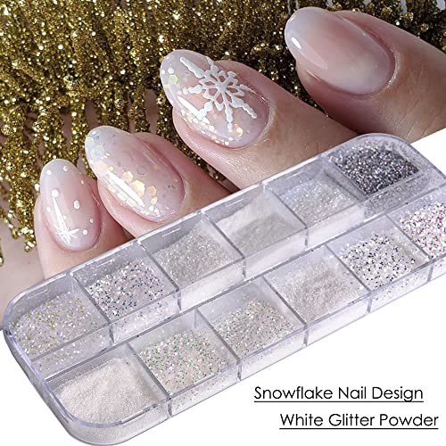 White Sugar Nail Glitter Powder for Christmas Snowflake Nails Design, Sandy Pigment Shiny 3D Candy Nail Art Sequins Winter Manicure Decorations Accessories.