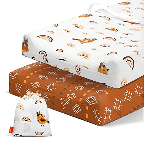 Besrey Changing Pad Cover, Baby Premium Diaper Changing, Ultra-Soft Stretchy Jersey Knit Cotton, Breathable Cradle Sung Sheet Set for Boys & Girls, 2 Pack, Fit 32"/34"x16"Pad(Boho Rainbow Birds)