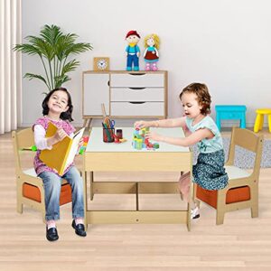 Kinsuite 3 in 1 Kids Table and Chair Set, Wood Activity Table and 2 Chair Set for Toddlers Arts Crafts Drawing Reading Playroom, Tabletop Storage Space Gift for Boys & Girls