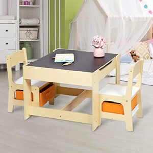 Kinsuite 3 in 1 Kids Table and Chair Set, Wood Activity Table and 2 Chair Set for Toddlers Arts Crafts Drawing Reading Playroom, Tabletop Storage Space Gift for Boys & Girls