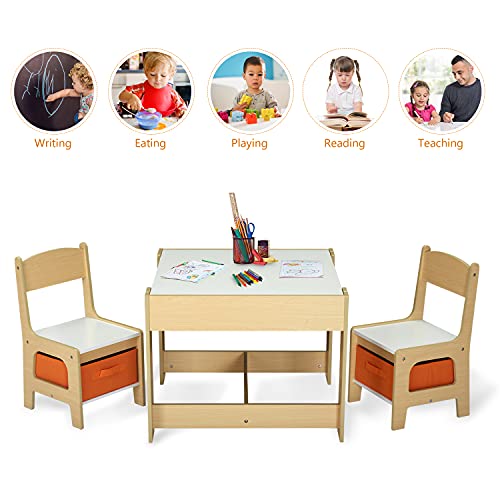 Kinsuite 3 in 1 Kids Table and Chair Set, Wood Activity Table and 2 Chair Set for Toddlers Arts Crafts Drawing Reading Playroom, Tabletop Storage Space Gift for Boys & Girls