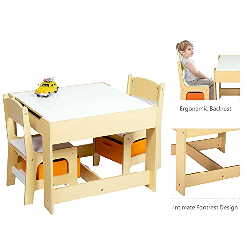 Kinsuite 3 in 1 Kids Table and Chair Set, Wood Activity Table and 2 Chair Set for Toddlers Arts Crafts Drawing Reading Playroom, Tabletop Storage Space Gift for Boys & Girls