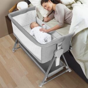 cowiewie baby bassinet, beside sleeper for baby easy folding bedside bassinet with storage basket and wheels to reduce mom's fatigue (dark grey) 2023 new