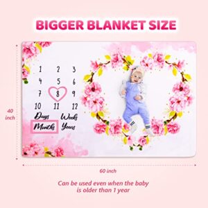 Milestone Blanket for Baby Girls - Very Soft, Light Weight with Heart Frame, Rectangle Marker, Headband Free - Machine Washable - Baby Growth Chart Blanket