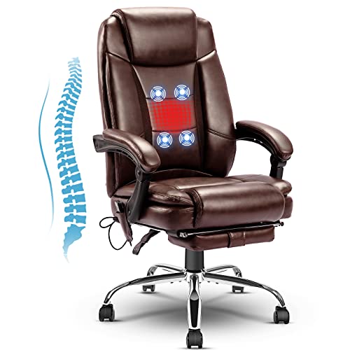 NOBLEMOOD High Back Office Chair Heated Executive Chair with 4 Points Massage, Swivel Ergonomic Desk Chair Breathable Big and Tall Reclining Chair with Lumbar Support Pillow & Footrest(Brown)