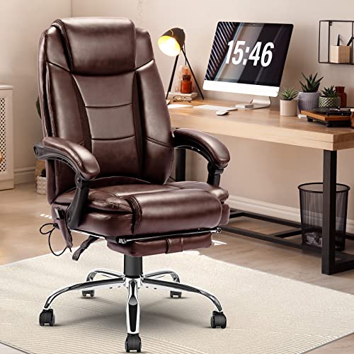 NOBLEMOOD High Back Office Chair Heated Executive Chair with 4 Points Massage, Swivel Ergonomic Desk Chair Breathable Big and Tall Reclining Chair with Lumbar Support Pillow & Footrest(Brown)