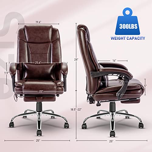 NOBLEMOOD High Back Office Chair Heated Executive Chair with 4 Points Massage, Swivel Ergonomic Desk Chair Breathable Big and Tall Reclining Chair with Lumbar Support Pillow & Footrest(Brown)