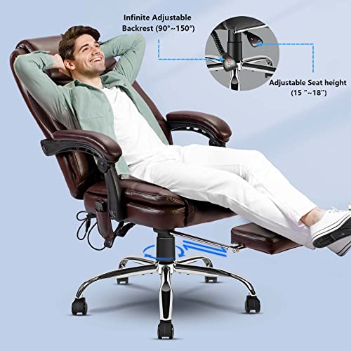 NOBLEMOOD High Back Office Chair Heated Executive Chair with 4 Points Massage, Swivel Ergonomic Desk Chair Breathable Big and Tall Reclining Chair with Lumbar Support Pillow & Footrest(Brown)