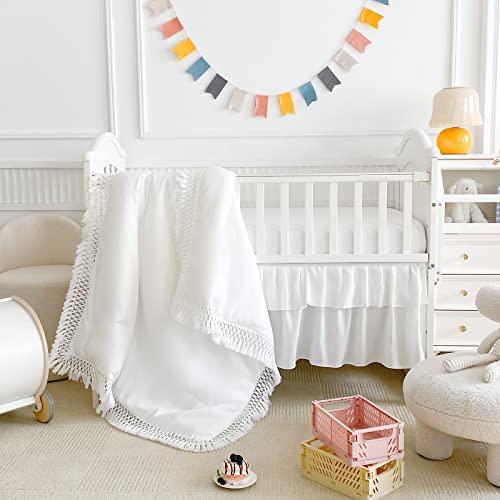 Tassels Crib Bedding Set 3 Pieces Baby Tassels Quilted Comforter with Fitted Sheet and Bed Skirt - Cute Tassels Chic Baby Bedding Soft Blanket Design White