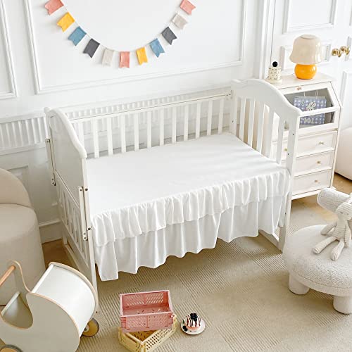 Tassels Crib Bedding Set 3 Pieces Baby Tassels Quilted Comforter with Fitted Sheet and Bed Skirt - Cute Tassels Chic Baby Bedding Soft Blanket Design White