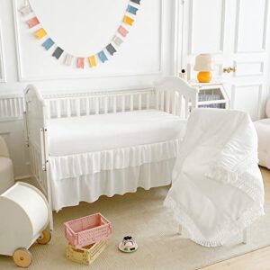 Tassels Crib Bedding Set 3 Pieces Baby Tassels Quilted Comforter with Fitted Sheet and Bed Skirt - Cute Tassels Chic Baby Bedding Soft Blanket Design White