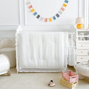 Tassels Crib Bedding Set 3 Pieces Baby Tassels Quilted Comforter with Fitted Sheet and Bed Skirt - Cute Tassels Chic Baby Bedding Soft Blanket Design White