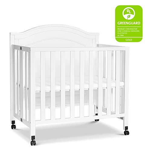 DaVinci Charlie Folding Portable 3-in-1 Convertible Mini Crib and Twin Bed in White, Removable Wheels, Greenguard Gold Certified