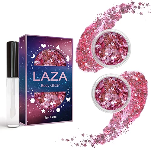 Laza Body Glitter, 2 Jars Iridescent Chunky Sequins with Glitter Glue Perfect for Women Eyeshadow Makeup Face Paint Festival Rave Outfits Hair Concert Accessories Carnival Party Costumes - Pink