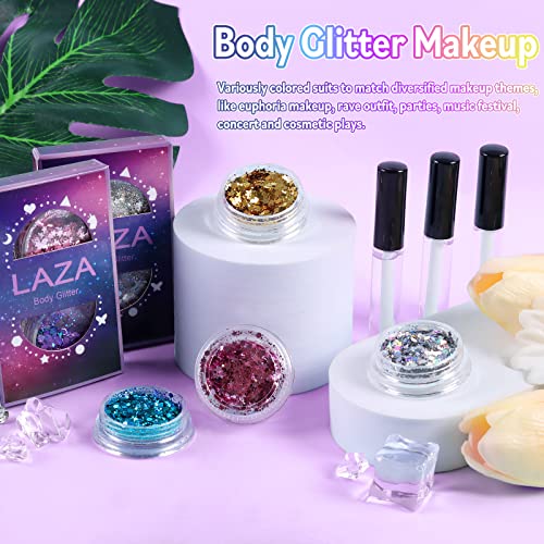 Laza Body Glitter, 2 Jars Iridescent Chunky Sequins with Glitter Glue Perfect for Women Eyeshadow Makeup Face Paint Festival Rave Outfits Hair Concert Accessories Carnival Party Costumes - Pink