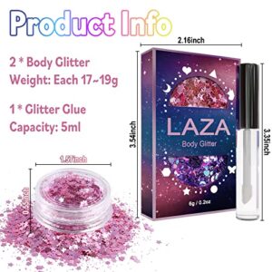 Laza Body Glitter, 2 Jars Iridescent Chunky Sequins with Glitter Glue Perfect for Women Eyeshadow Makeup Face Paint Festival Rave Outfits Hair Concert Accessories Carnival Party Costumes - Pink