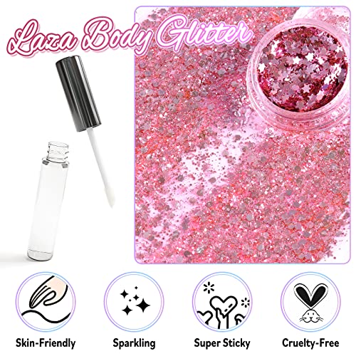 Laza Body Glitter, 2 Jars Iridescent Chunky Sequins with Glitter Glue Perfect for Women Eyeshadow Makeup Face Paint Festival Rave Outfits Hair Concert Accessories Carnival Party Costumes - Pink