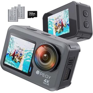 pegy dual screen 4k action camera 60fps 65ft sports camera,underwater camera for snorkeling,6 axis eis,wifi touch screen with 2 batteries,32gb memory card,helmet mounting accessories