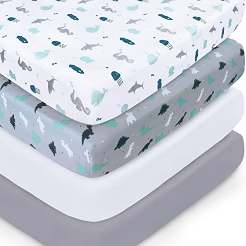 Crib Sheets for Boys or Girls 4-Pack, Fitted Crib Sheet 52'' x 28'' for Standard Crib & Toddler Mattress, Soft and Breathable Material, Baby Crib Sheets Neutral, Grey Dinosaurs & Ocean